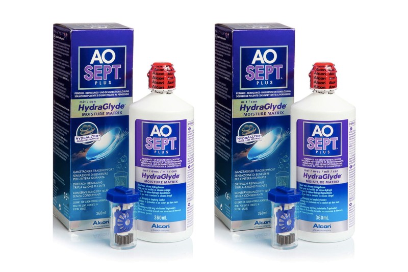 AOSEPT PLUS mit Hydraglyde 2 x 360 ml mit Behälter – Pflegemittel für Kontaktlinsen | Lentiamo